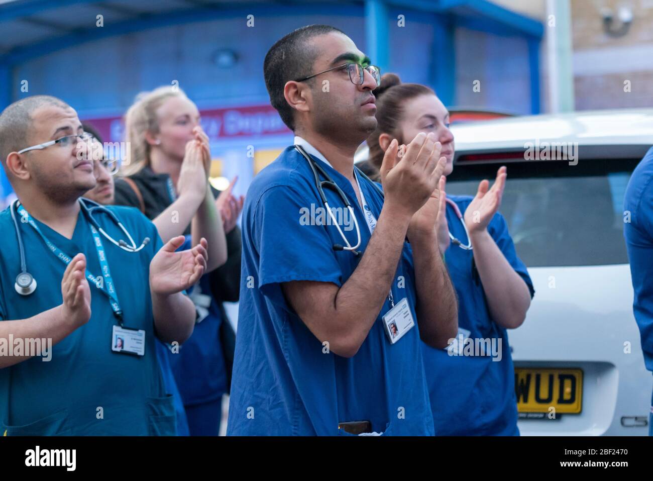 NHS staff clapping at Clap for Carers at 8pm outside Southend Hospital ...