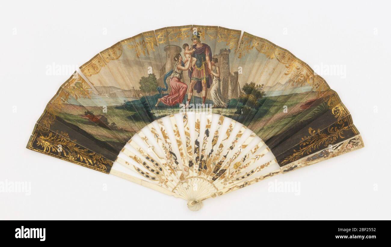 Pleated fan. Pleated fan. Printed and hand-colored paper leaf showing a ...