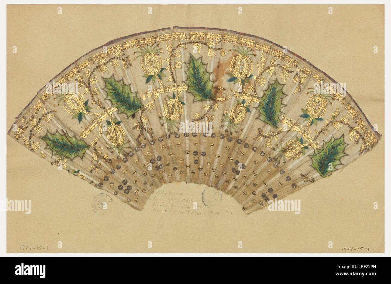Fan leaf. Unmounted pleated fan leaf, in linen embroidered in satin ...