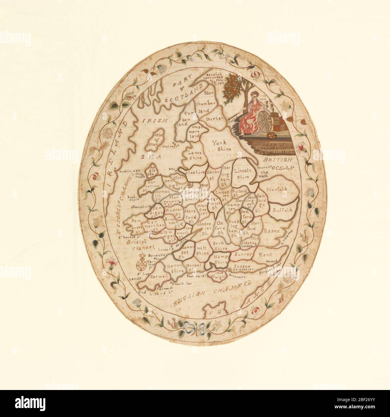 A Map of England and Wales. Oval map sampler of England and Wales, with ...