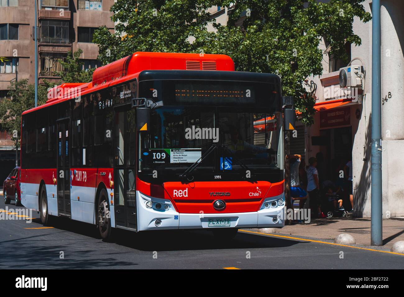 SANTIAGO, CHILE - NOVEMBER 2019: A Red Movilidad (Ex Transantiago) bus ...