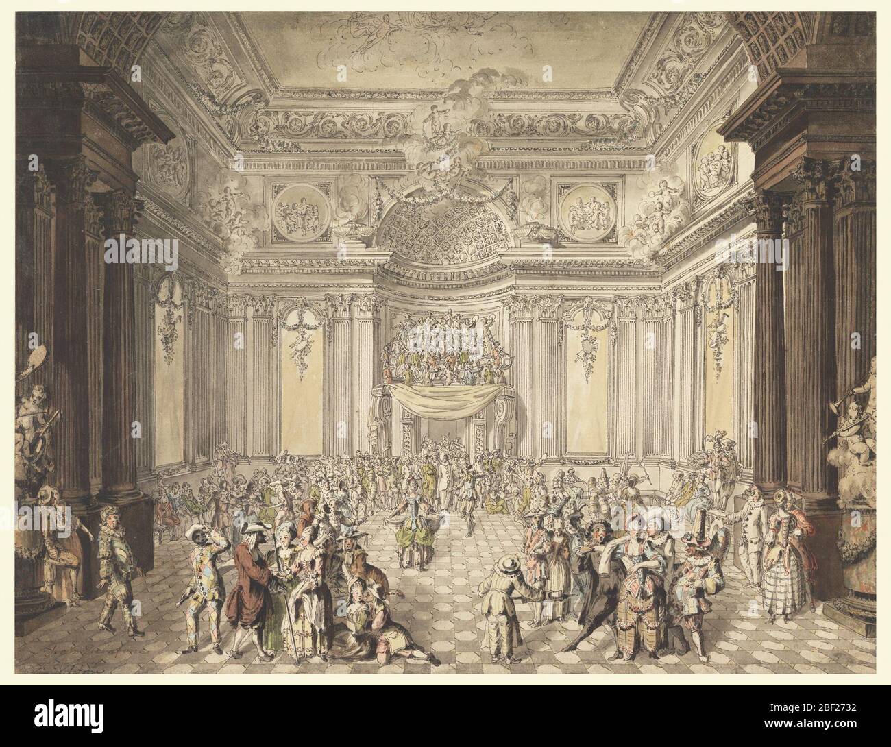 View of Masquerade Ball. Crowd in formal dress in highly ornate hall ...