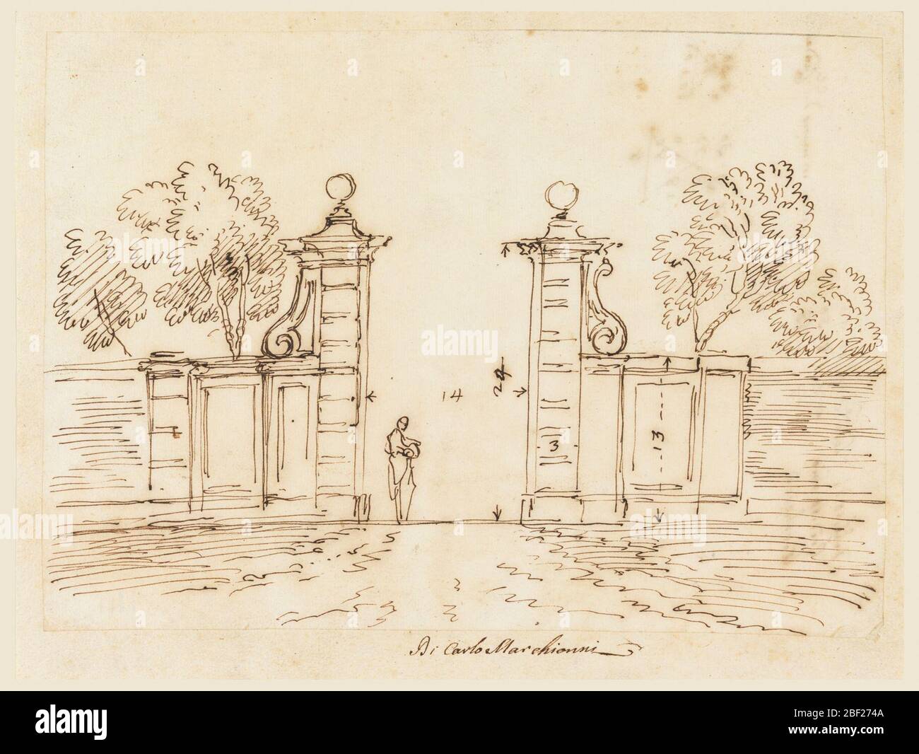 Design for a Gate of a Villa. Pilasters with mounds on top frame of the ...