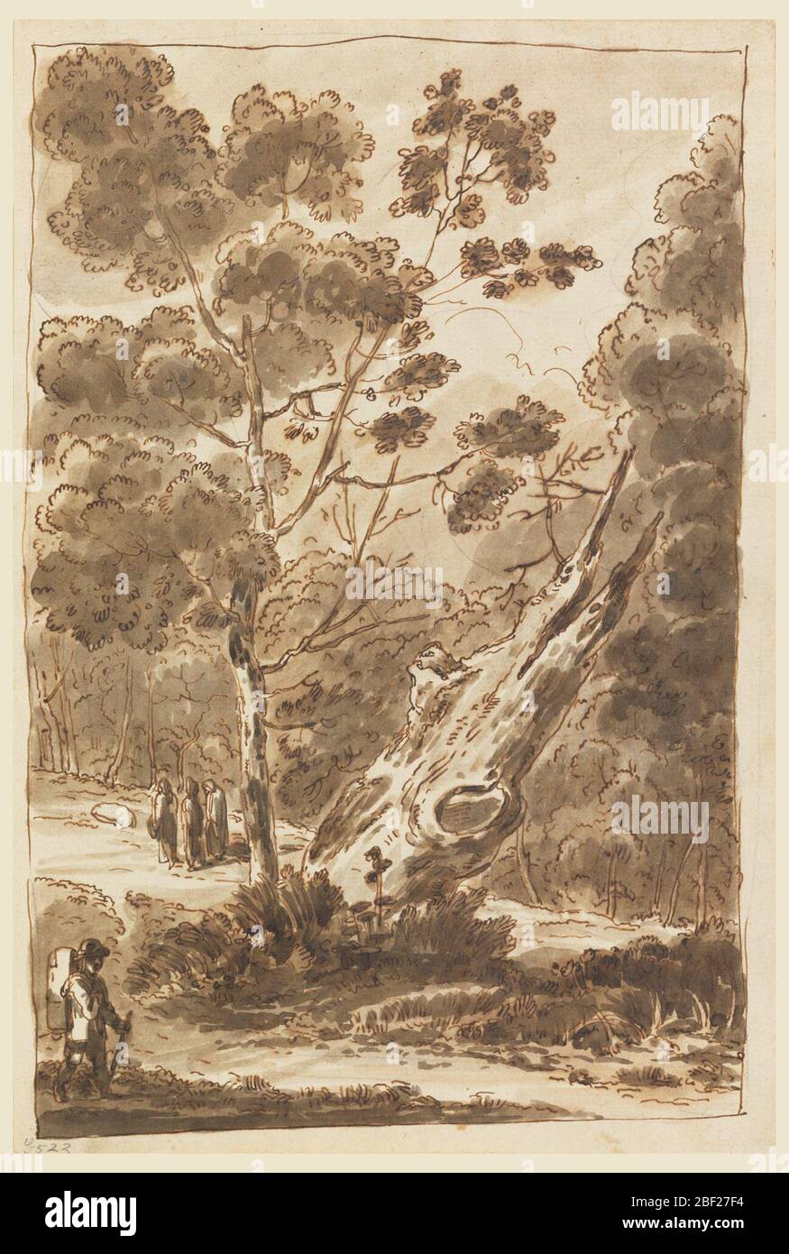 Figure in Forest. Foreground stands one man with a backpack and walking ...