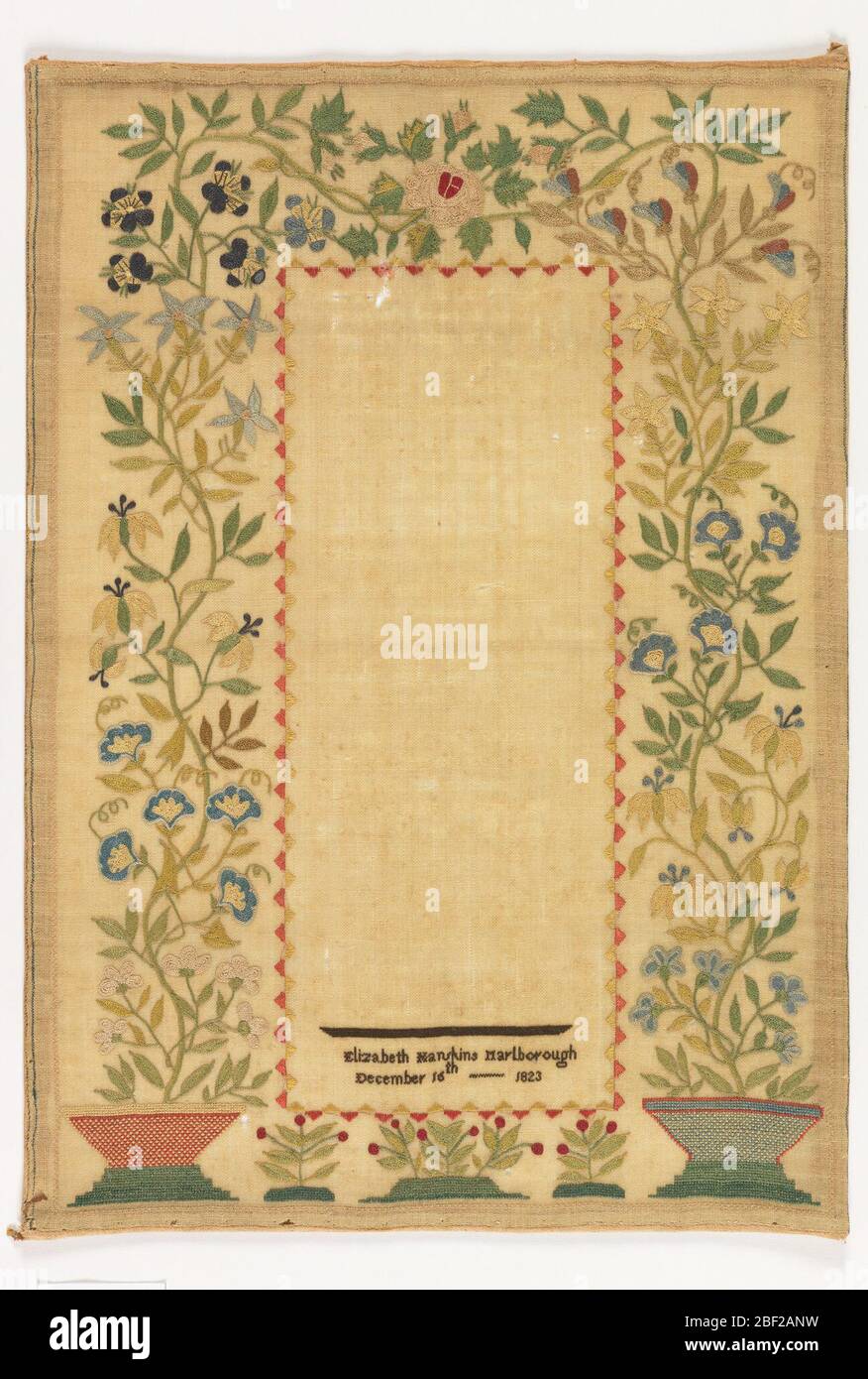 Sampler. Unfinished sampler. Sampler has an elaborate floral border of ...