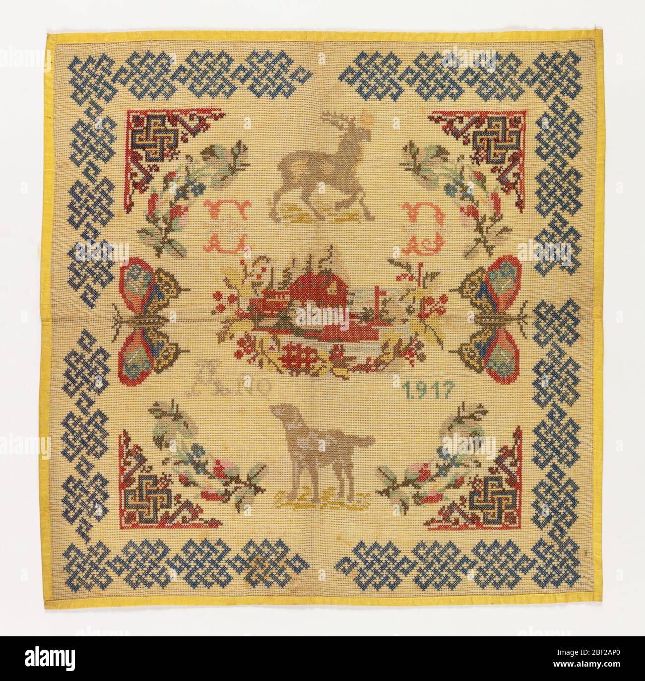 Sampler. Rural landscape with butterflies, dog, and deer and frame of ...