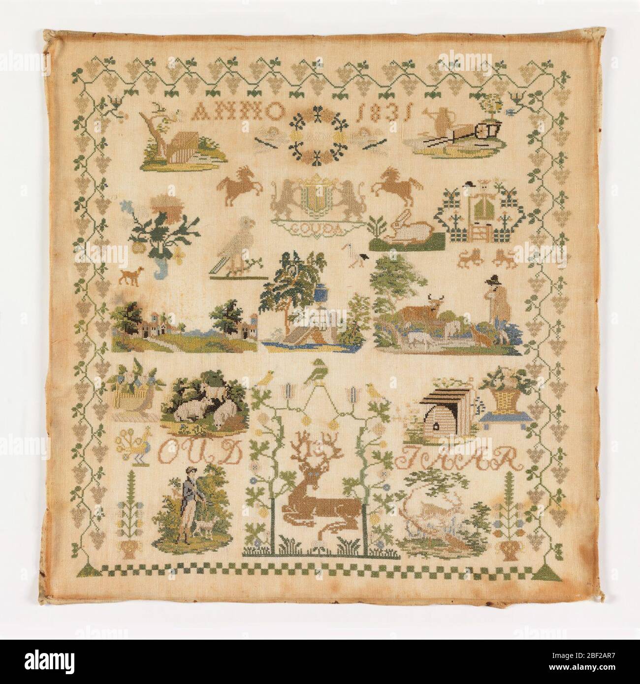 Sampler. Square sampler with a grape vine border, ANNO 1831 at the top ...