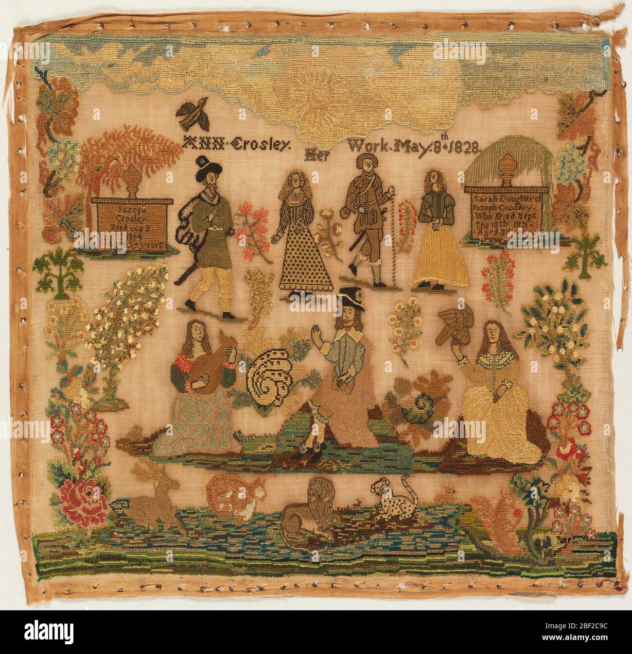 Mourning sampler. Seven figures in the center all dressed in a 17th ...