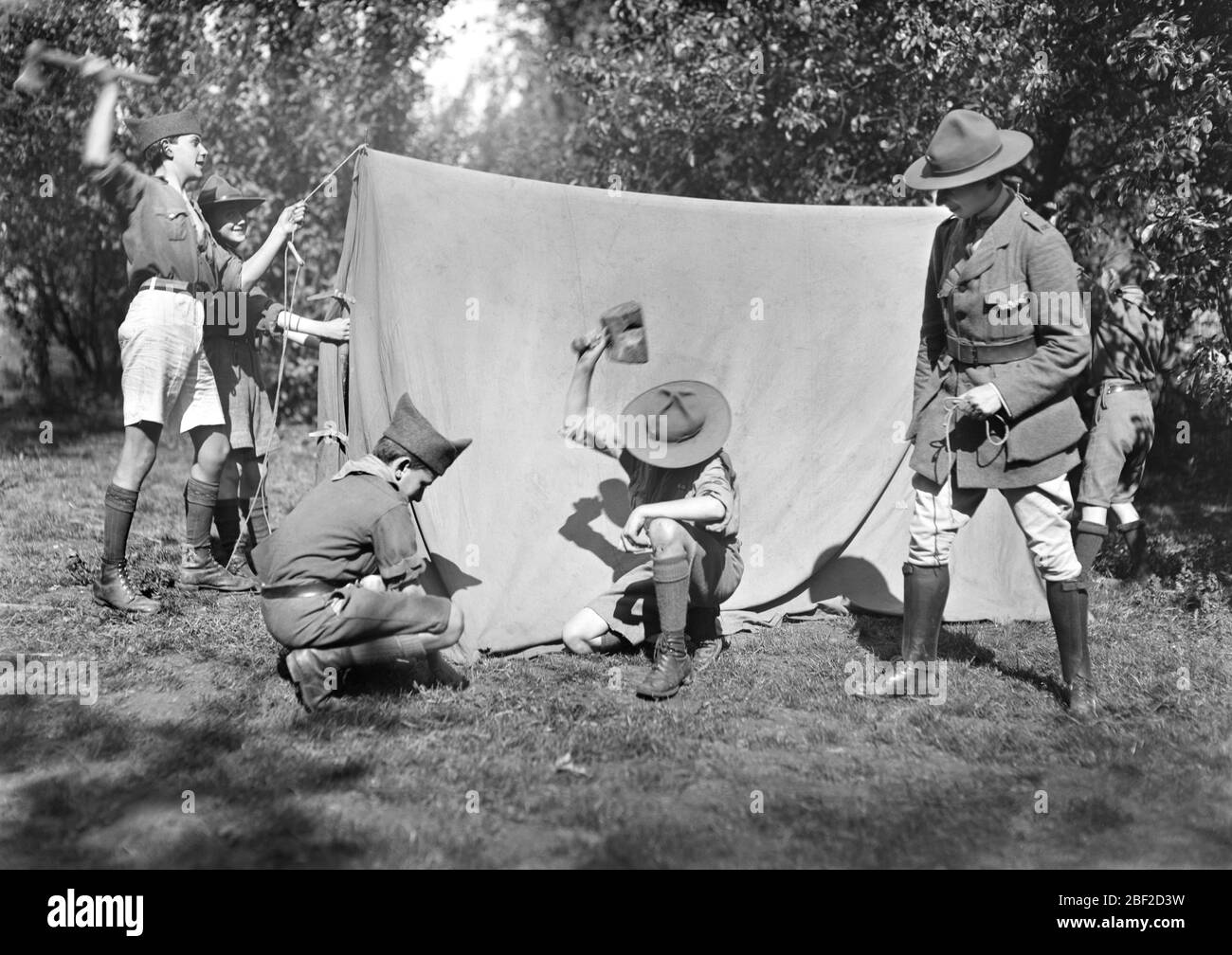 Boy Scouts of the American Red Cross Brigade putting up Tent at their ...