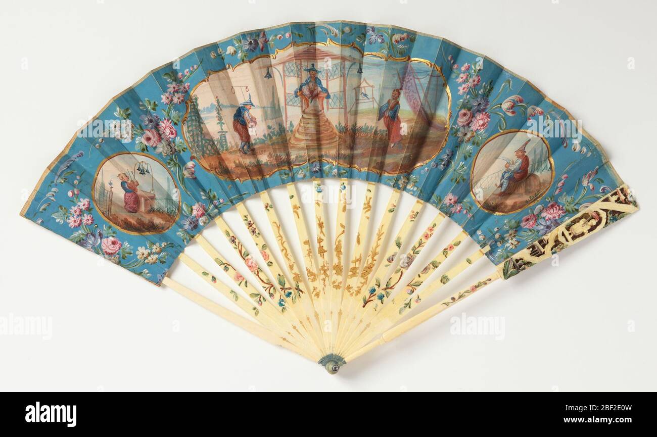 Pleated fan. Pleated fan. Painted and gilded paper leaf. Obverse: three ...