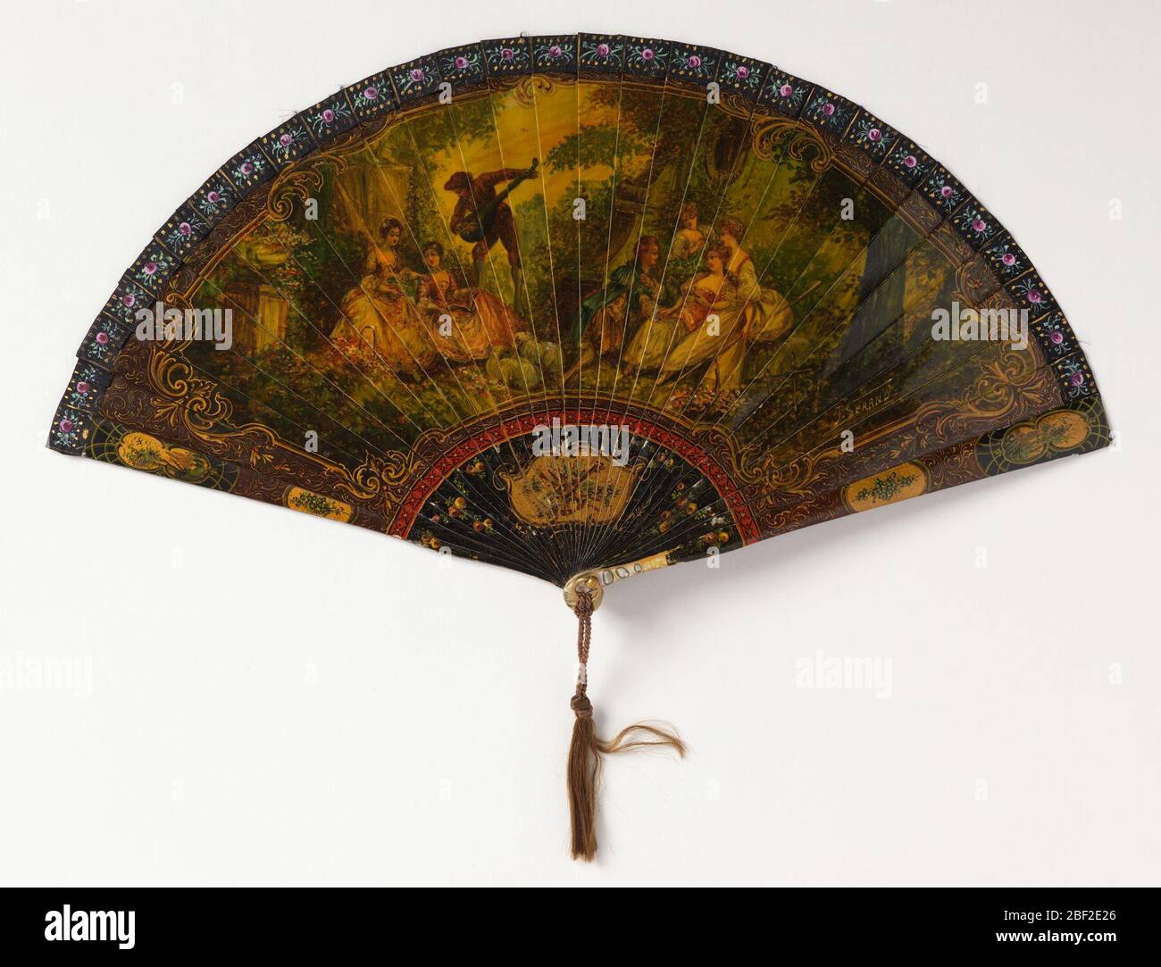 Bris fan. Brisé fan. Ivory sticks painted to resemble "vernis martin ...