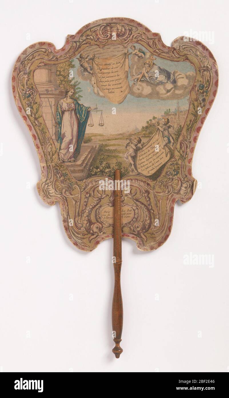 Handscreen. Obverse: hand-colored engraving showing Justice with scales ...