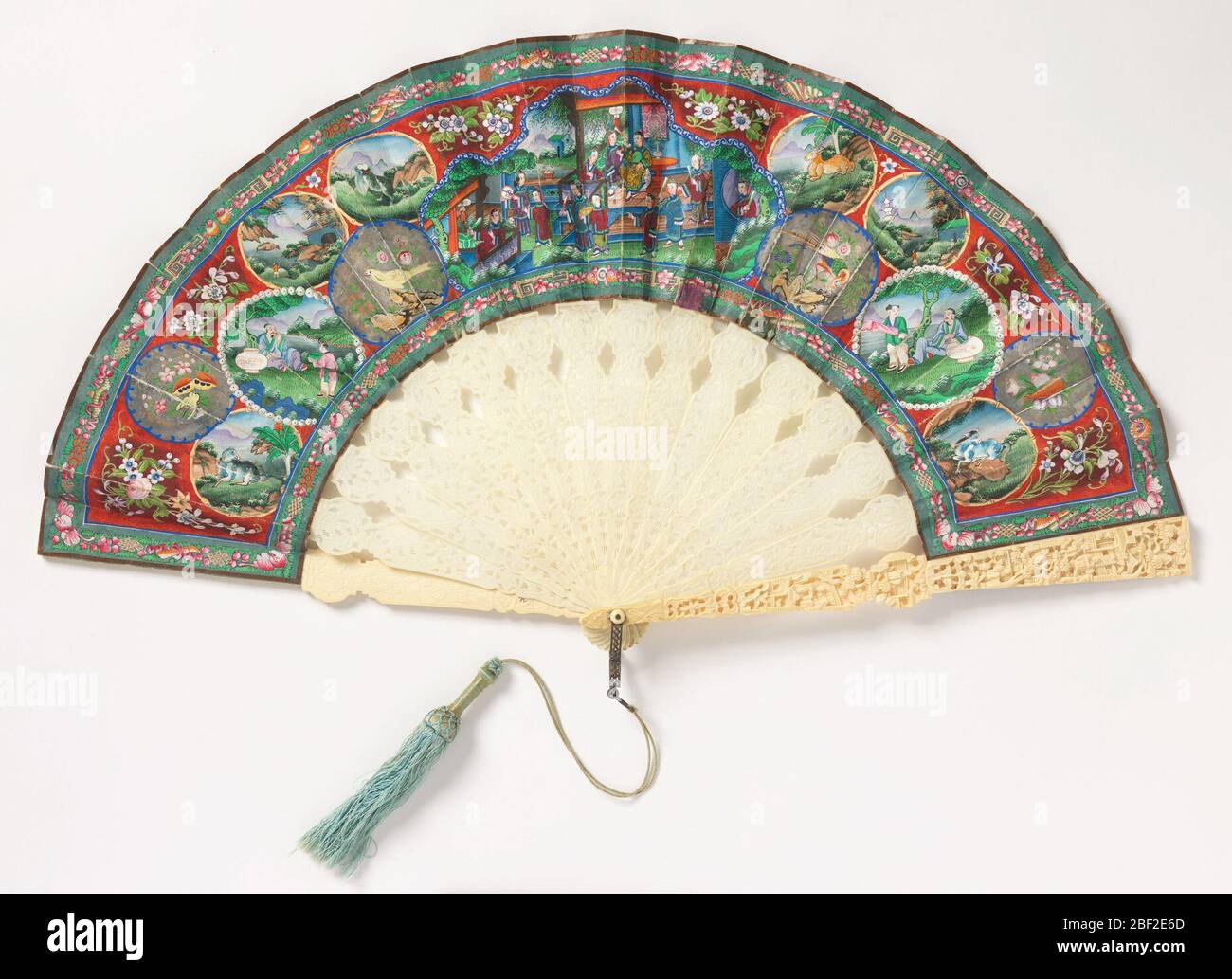 Pleated fan. Pleated fan. Silk leaf painted in tempera. Obverse: three ...
