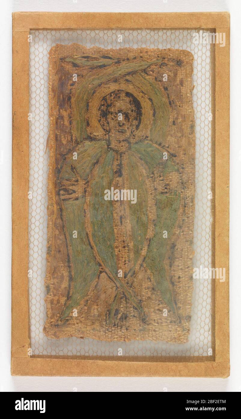 Panel. Small vertical panel showing a small haloed figure with short ...