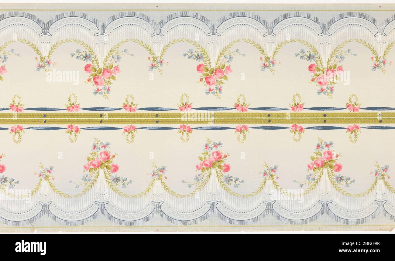 Frieze. Printed two borders across the width, a scalloped blue fringe ...