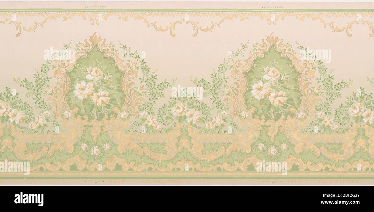 Frieze. Pattern of large medallions outlined in gilt rinceaux with ...