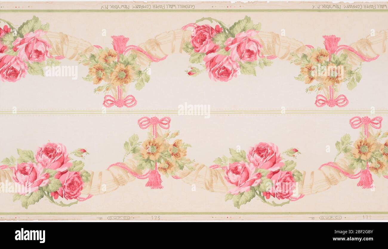 Frieze. Pink roses and yellow flowers on a ribbon swag suspended from ...