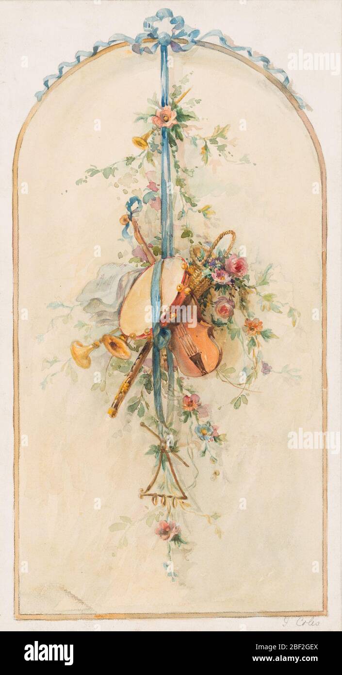 Trophy composed of musical instruments. Within an arched frame, a ...