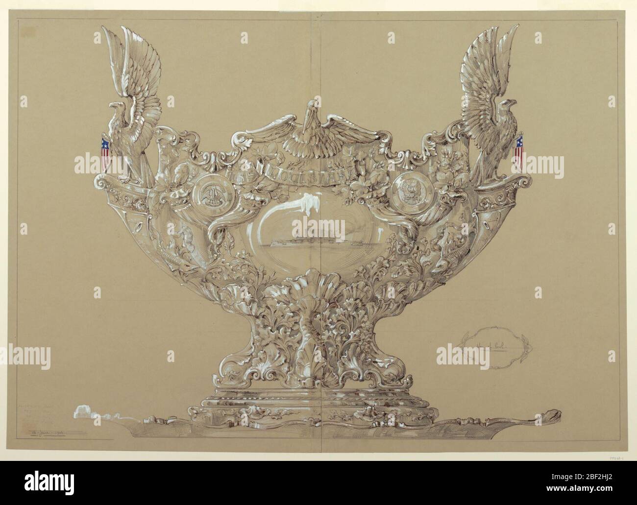 Punchbowl for USS Louisiana. Design for footed metal punchbowl with ...