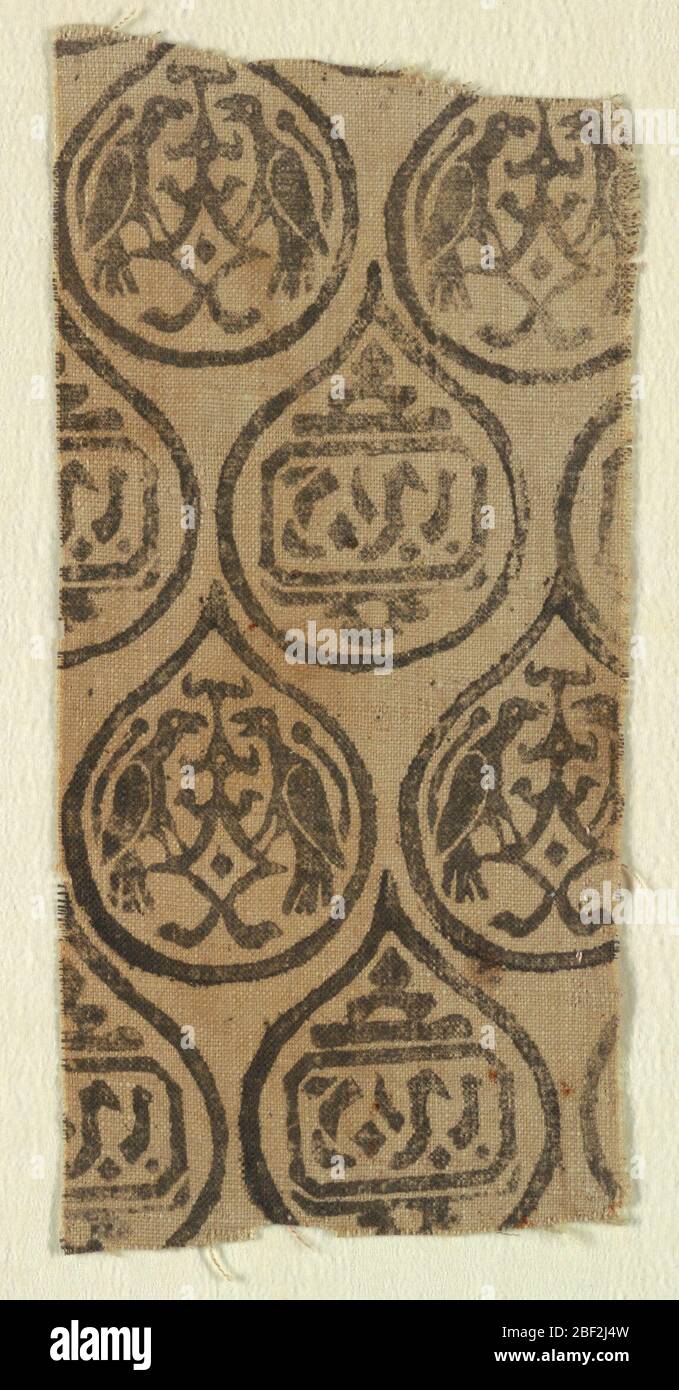 Fragment. Fine natural-colored linen ground with design block printed ...