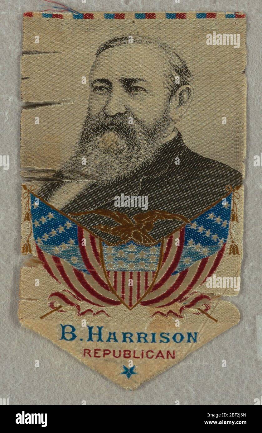 Campaign ribbon. Line of white, blue, and red. Portrait of B. Harrison ...