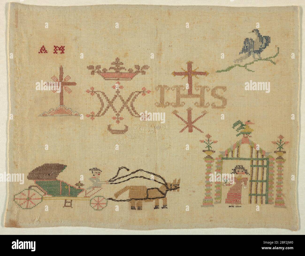 Sampler. Detached motifs including the Holy monogram, a bird on a ...