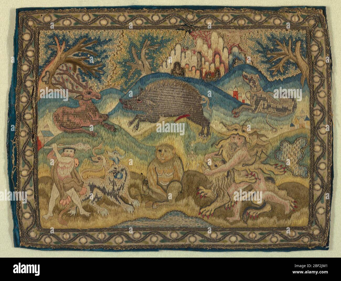 Panel. Small embroidered panel with two scenes from the Labors of ...