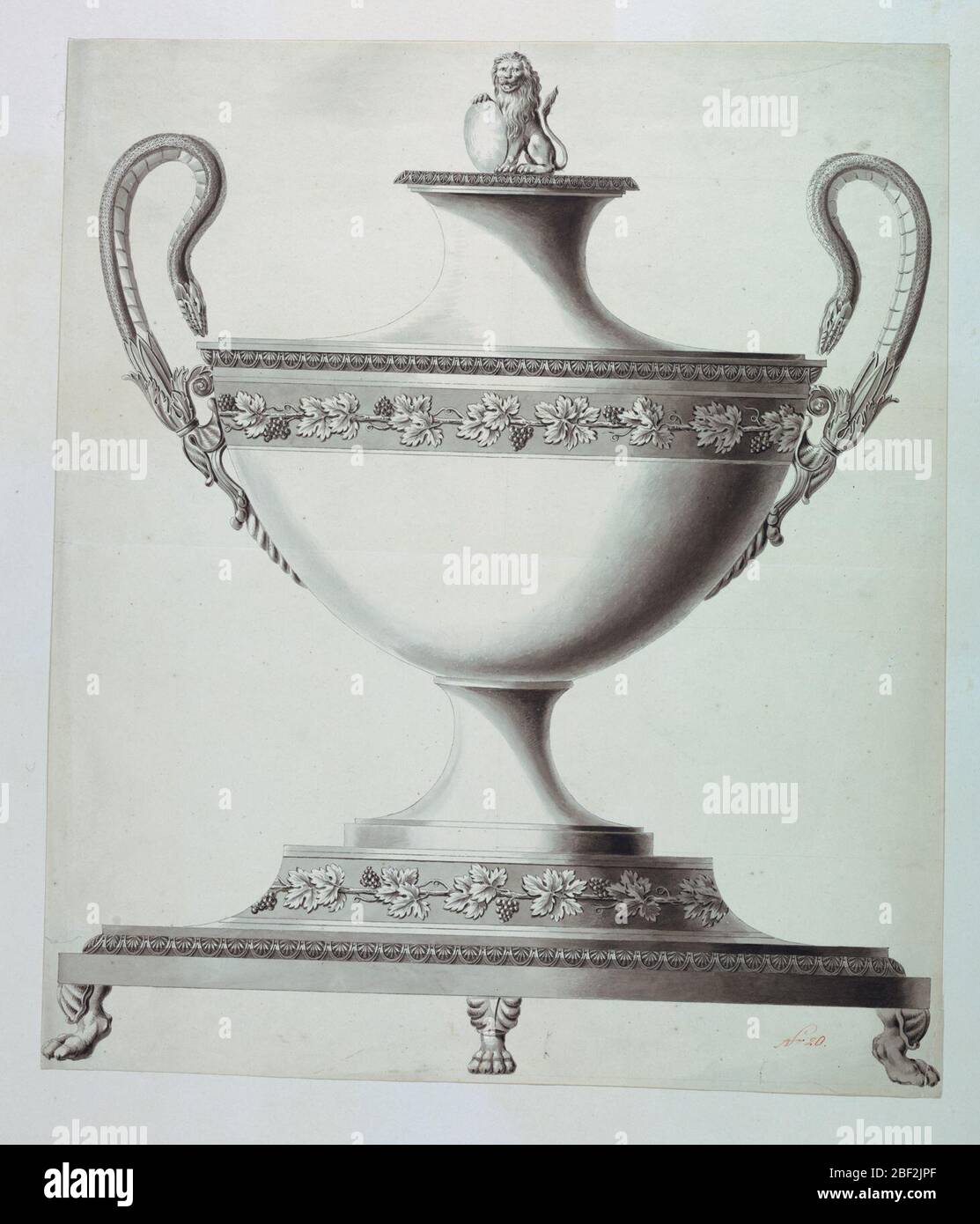 Design for a Tureen. The vessel and base are banded by grapevine. A ...