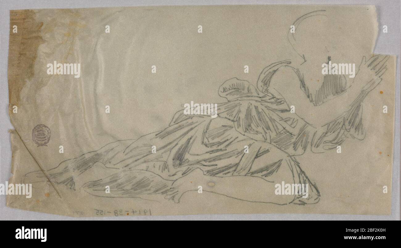 Drapery Study. Female figure reclining to the right, head up and hands ...