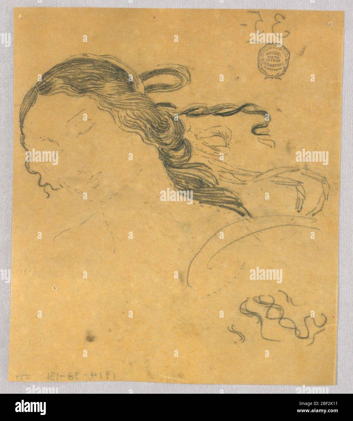 Study of Womans Hair. Hair bound loosely with scarf or ribbon. Face and ...