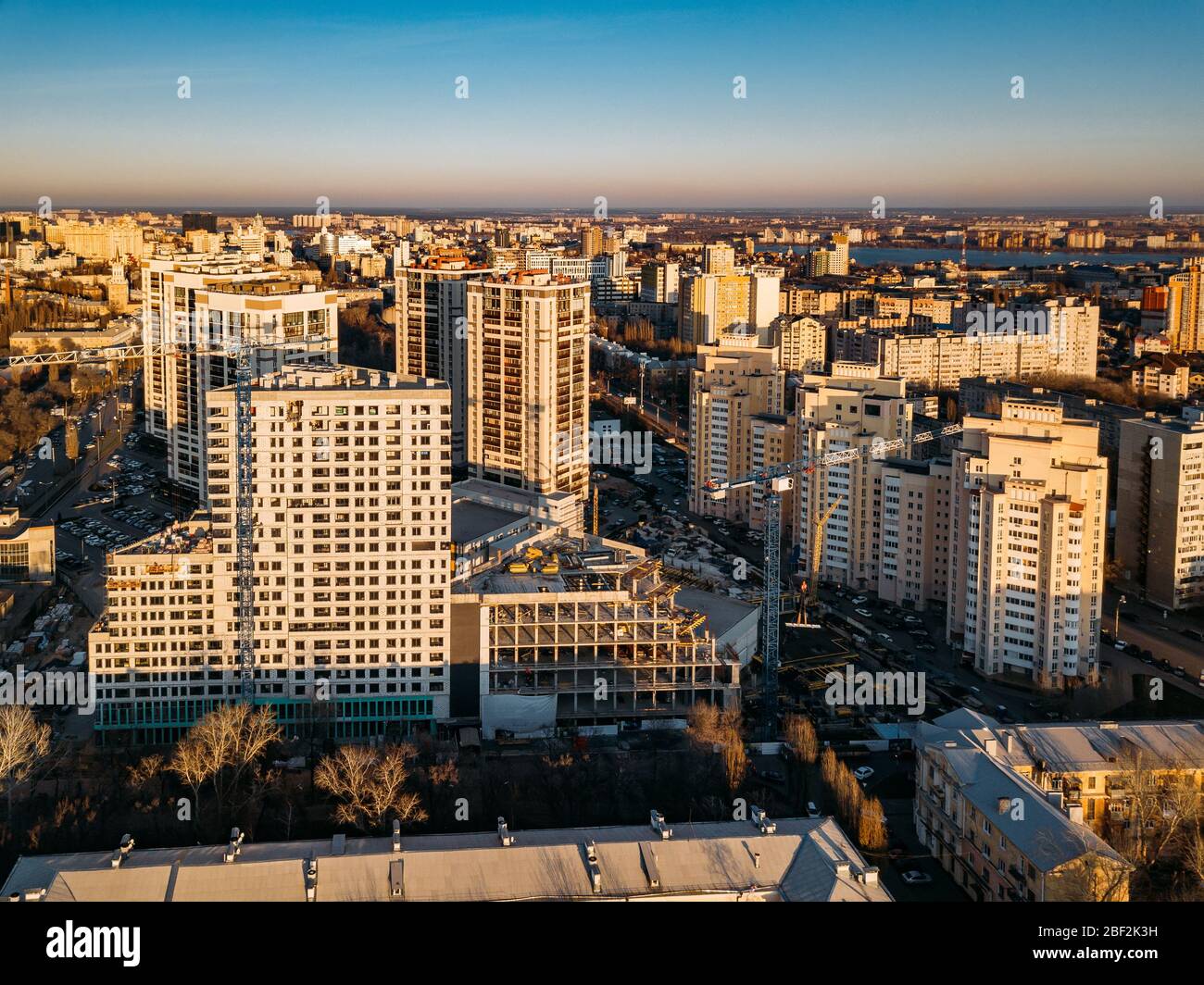 Evening Voronezh, construction of modern high buildings, aerial view ...