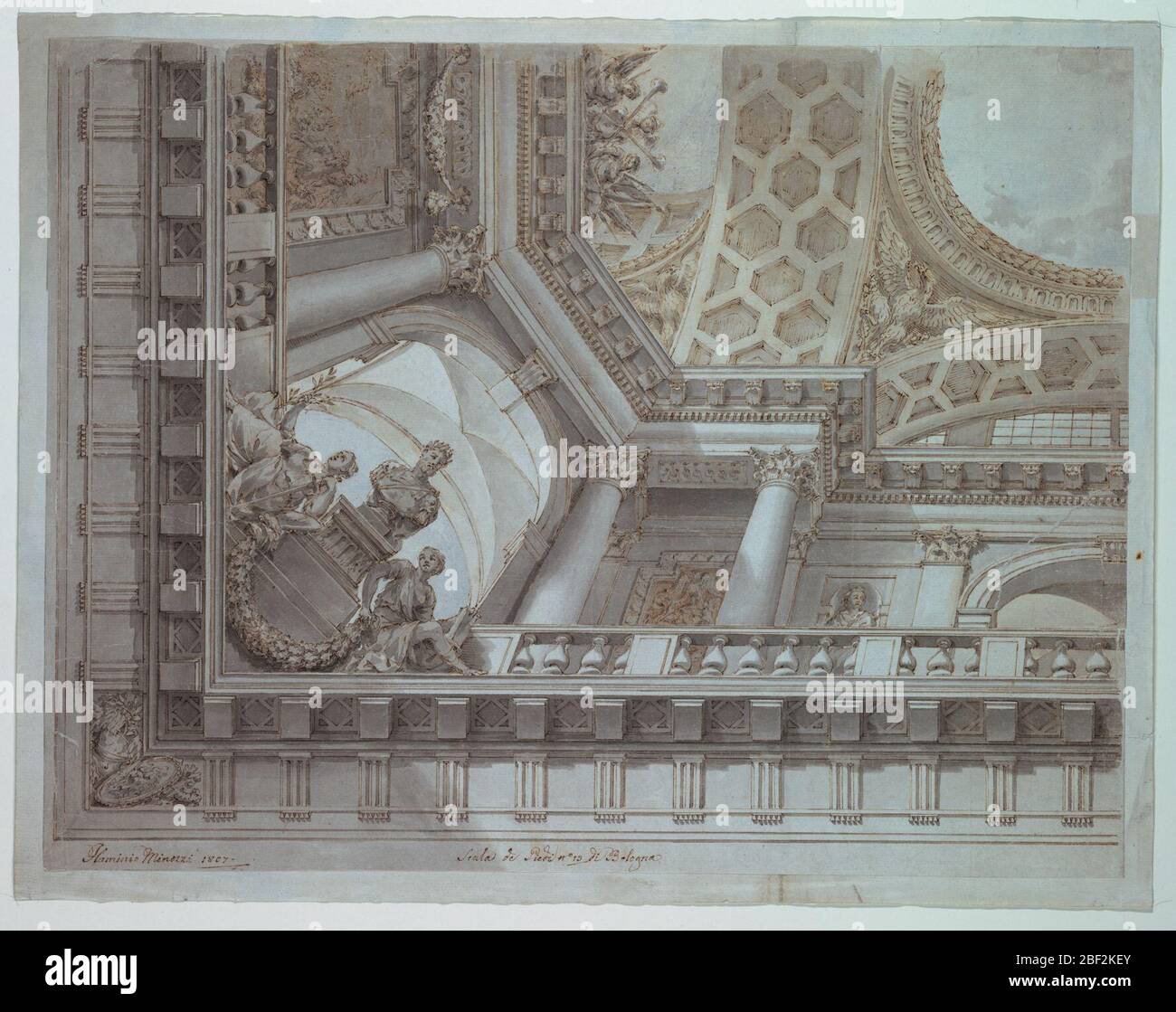 Project for a painted ceiling. One quarter is shown. An entablature is ...