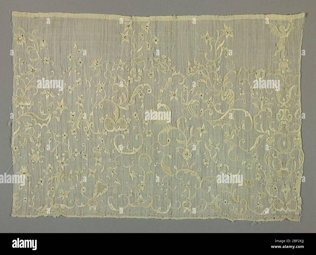 Border. Wide border of linen with areas of drawn work and embroidery in ...