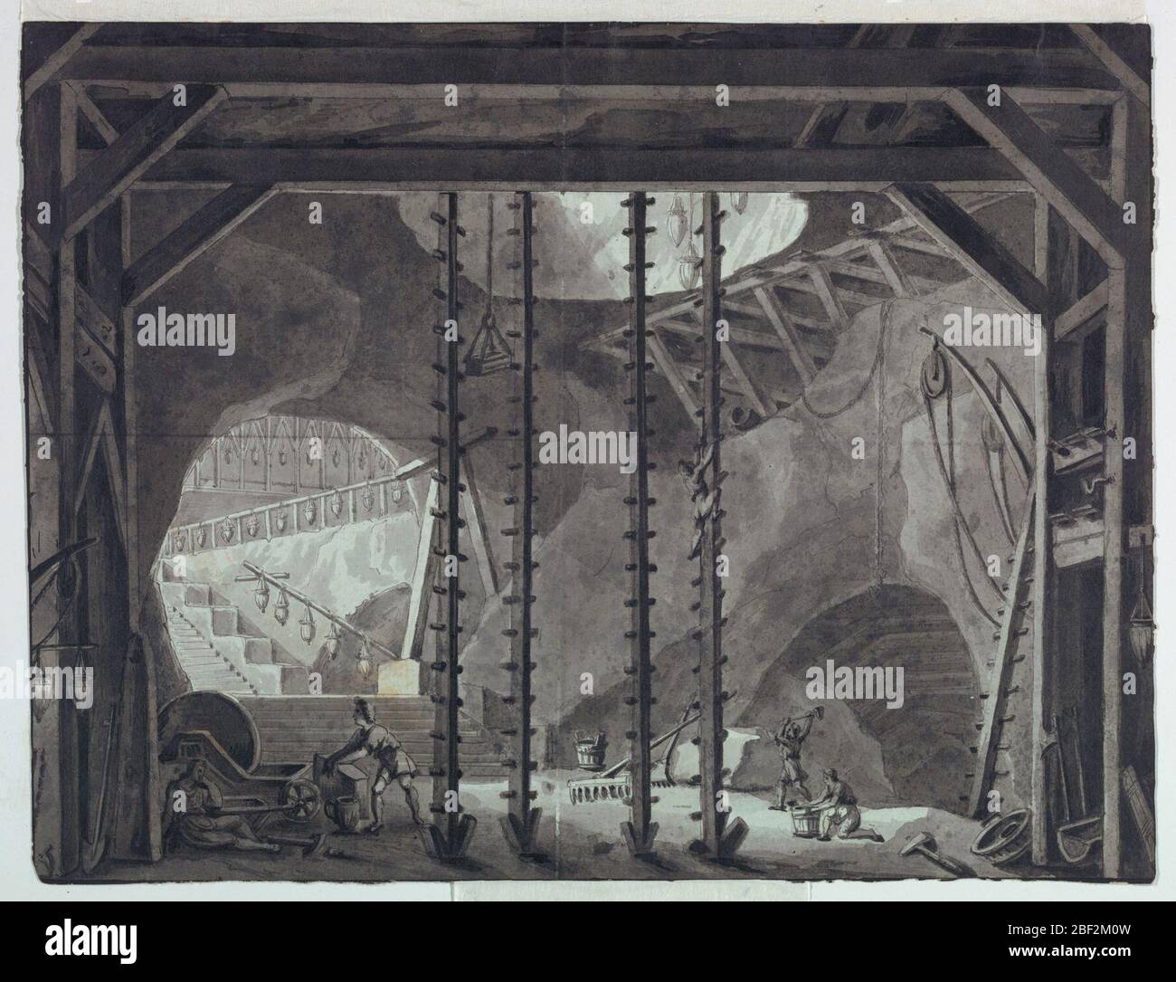 Stage Design Men Constructing Building in Cave. Horizontal rectangle ...