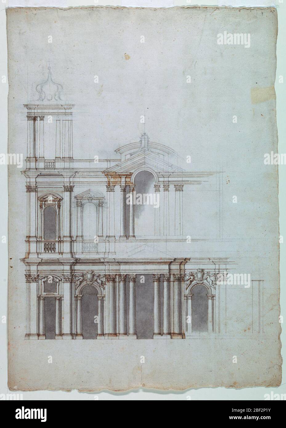 Church Facade. Incomplete drawing of a church facade with a side tower ...