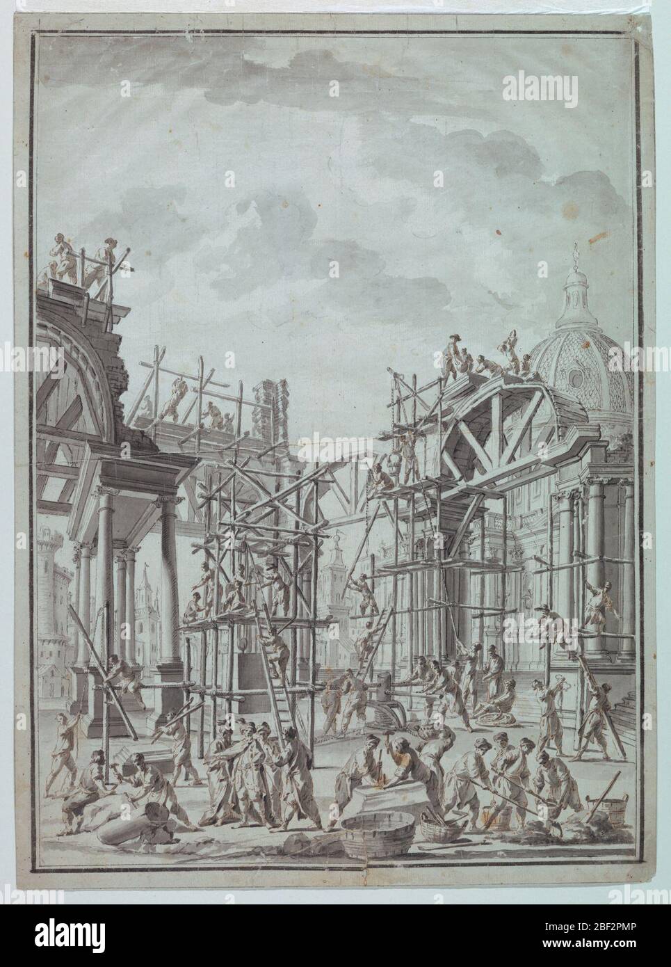Workmen building arcades. Workmen constructing arcades, possibly for a ...