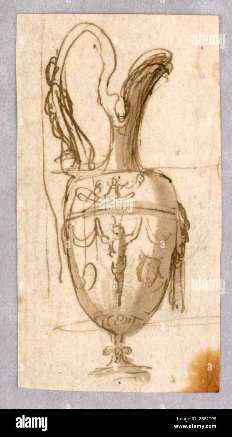 Design for a Pitcher. Sketch of a pitcher, spout facing right. Handel ...