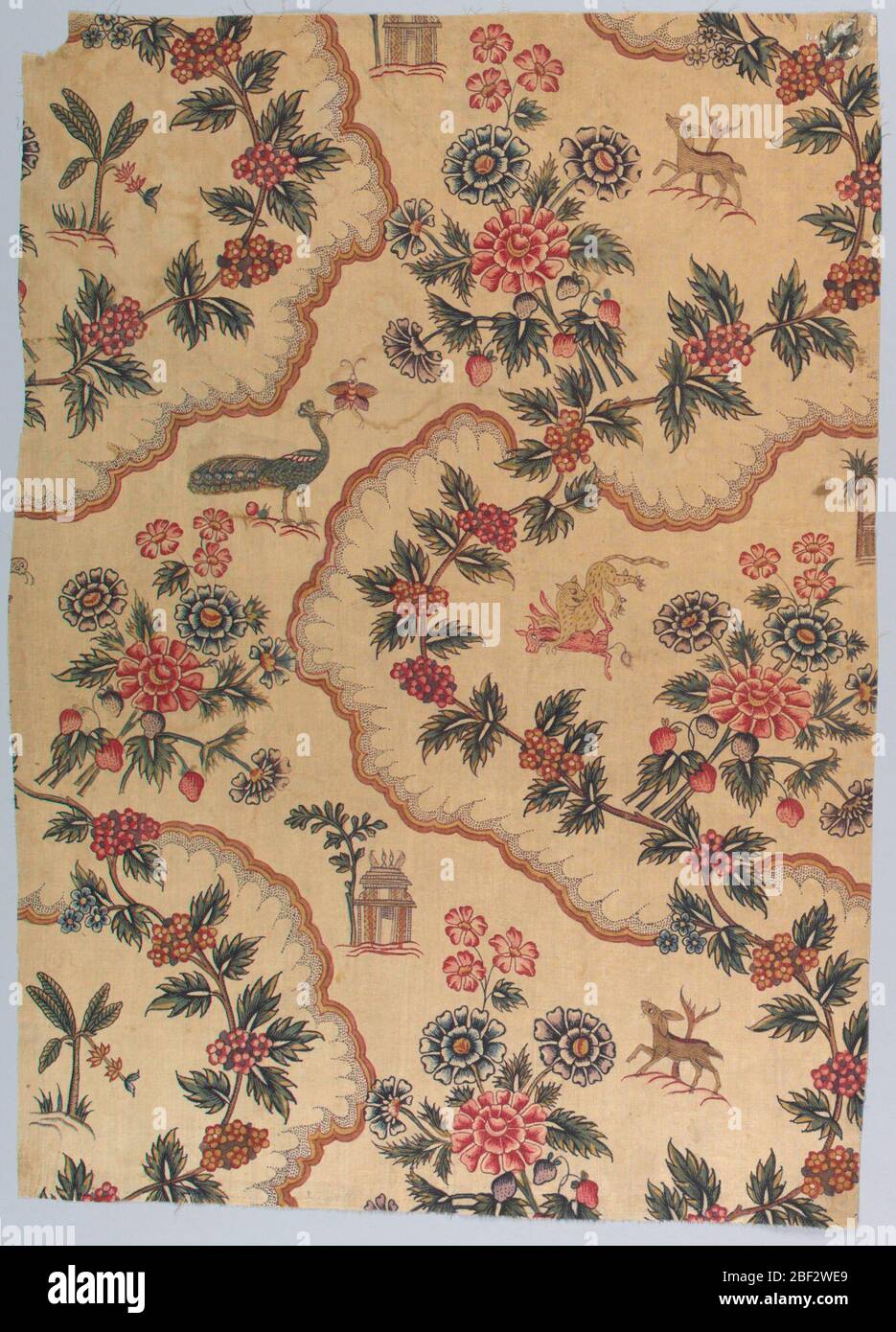Textile. Curving vines with alternately symmetrical bouquets. Isolated ...