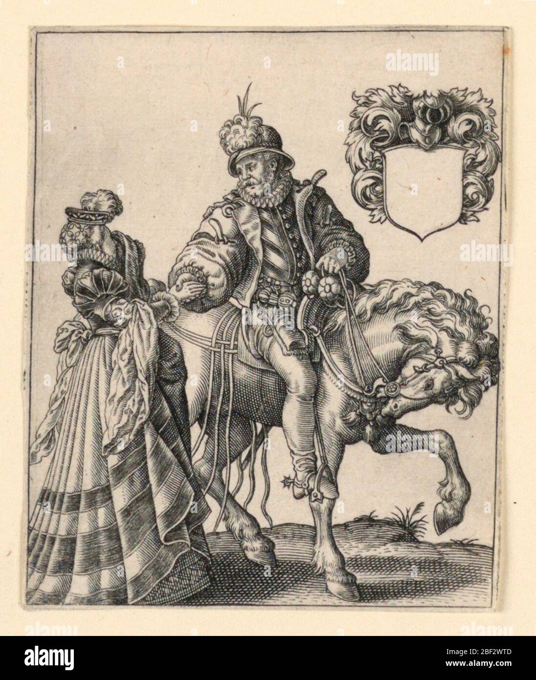 Noble and Lady. Vertical rectangle. B: Figure of a man on horseback ...