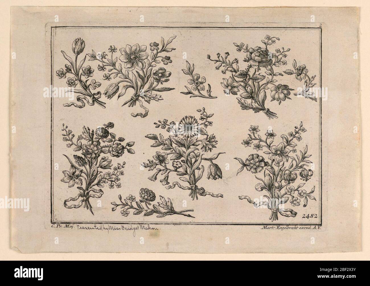 Flowers. Top row: three nosegays, a twig. Bottom row: three nosegays ...