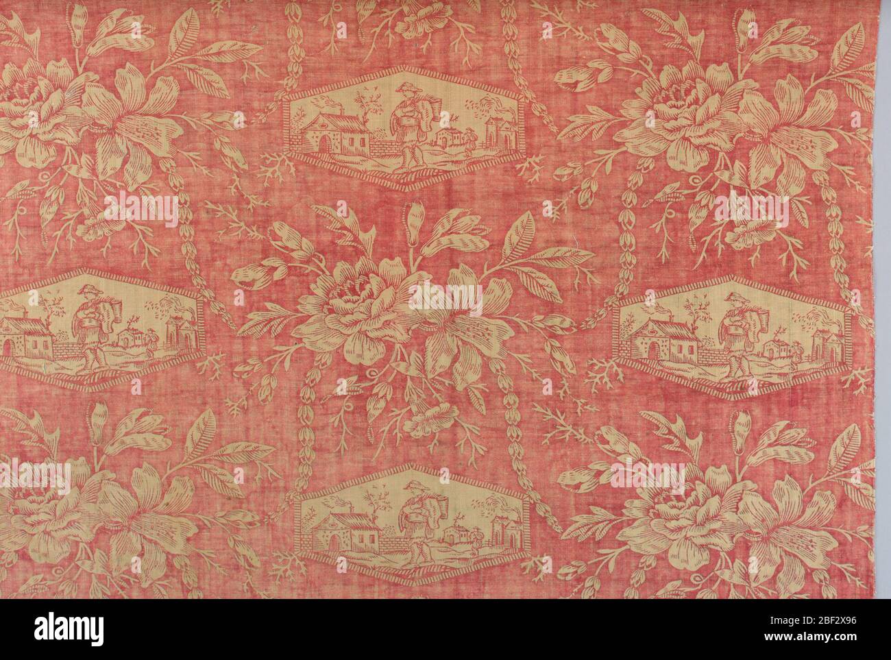 Textile. Rectangular panel with a red ground, pattern reserved in white ...