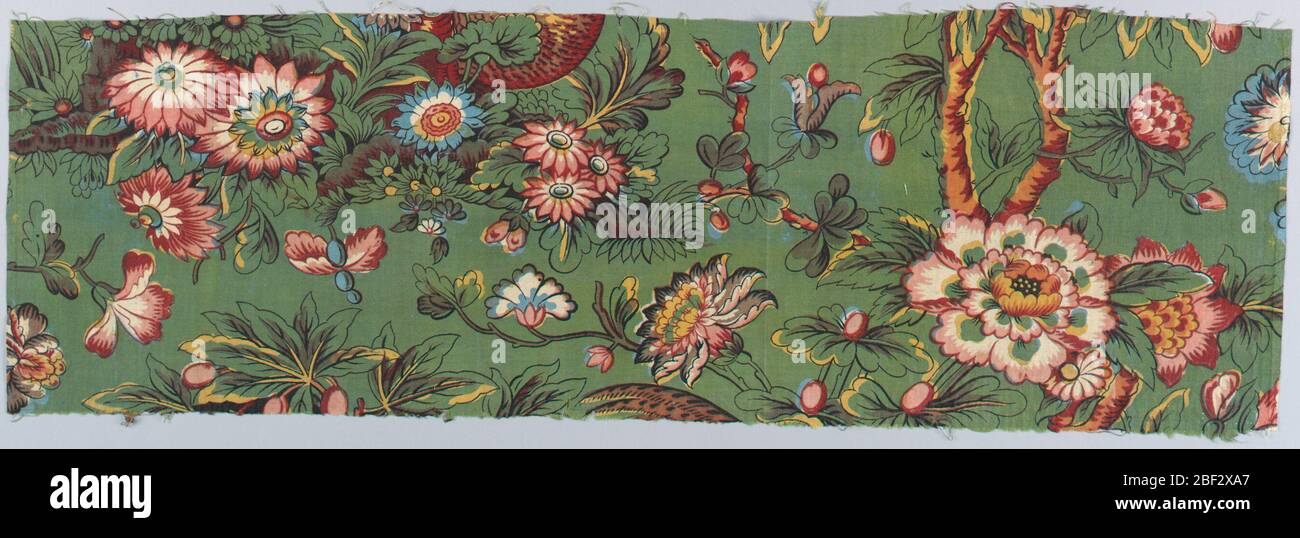 Textile. Half-drop repeat of a fruit tree growing in a flowering mound ...