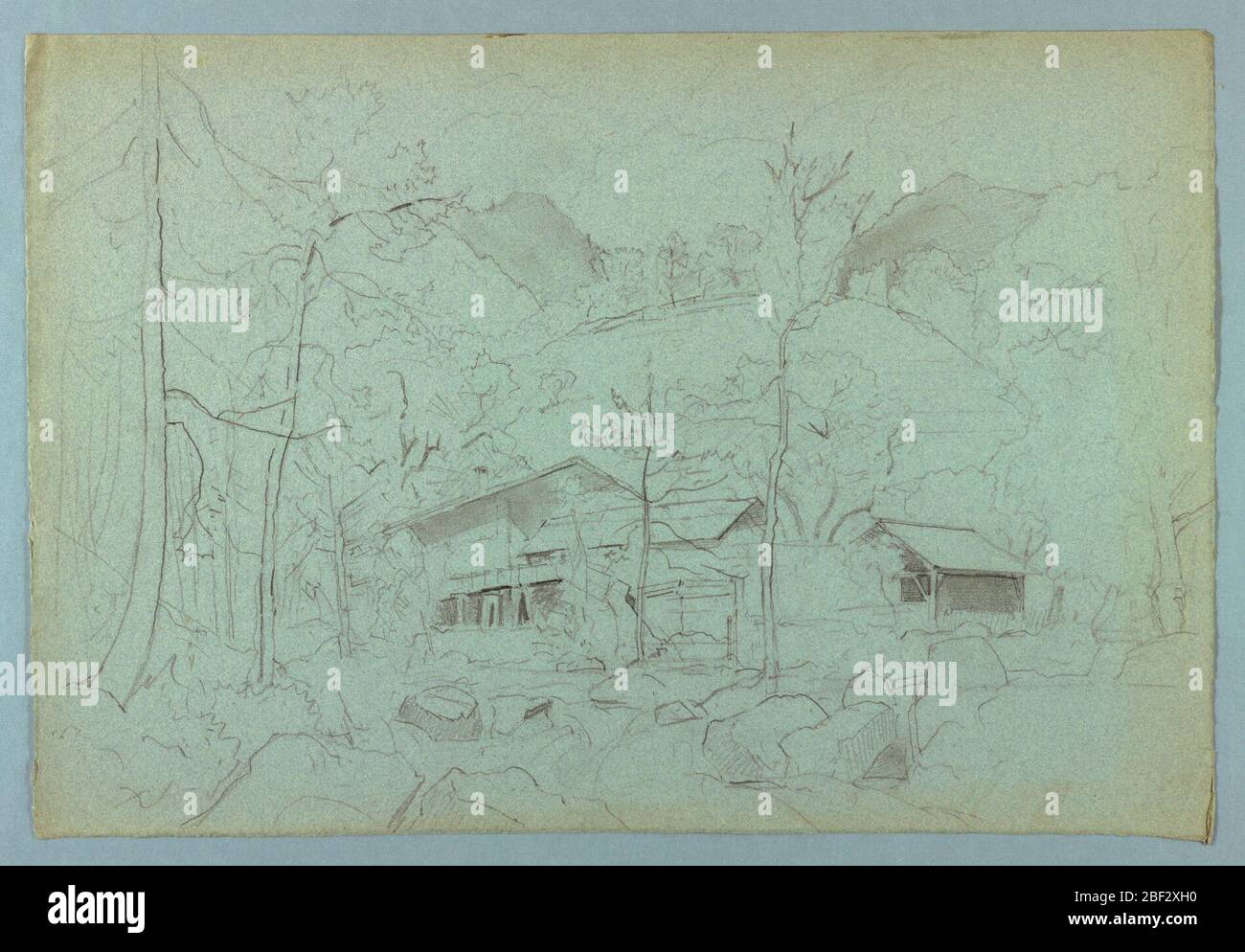 Study of landscape. Sketch of landscape with houses and mountains in ...