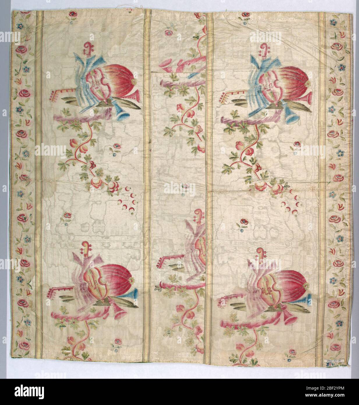 Fragment. White moire with stripes of yellow, rose and black. Between ...