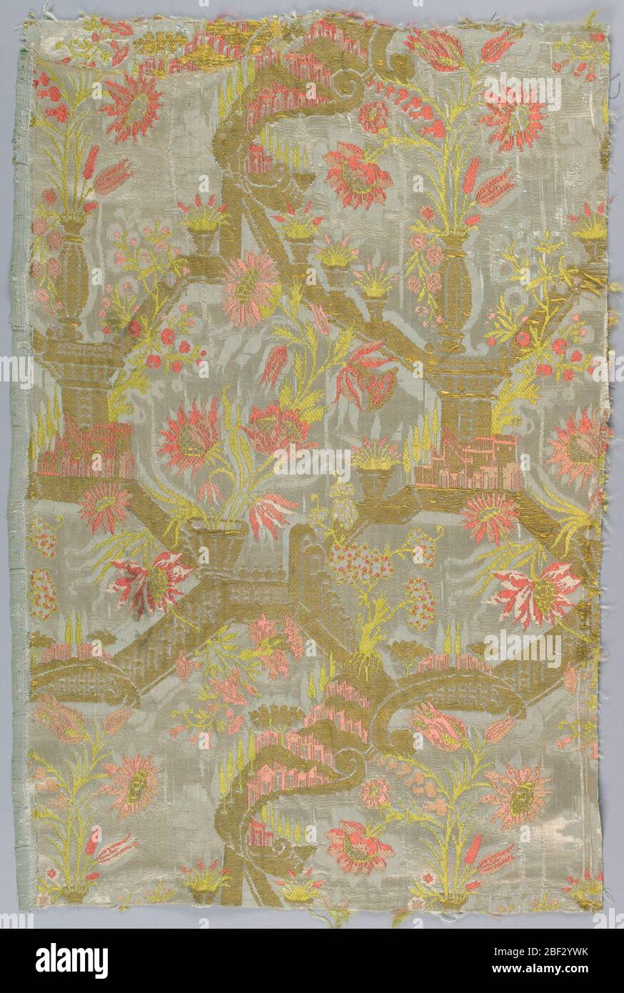 Textile. Pattern of architectural motifs and large scale vases from ...