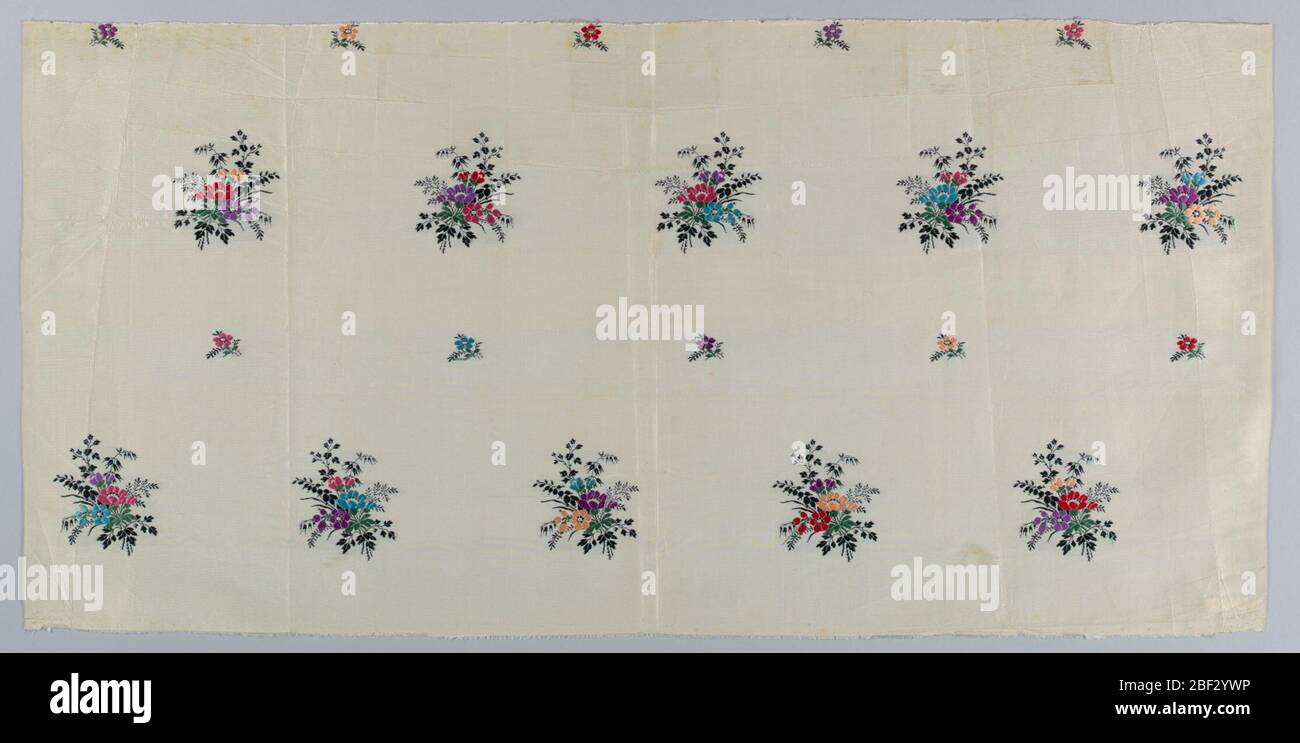 Dress fabric. Pattern of offset rows of polychrome flowers on an ivory ...