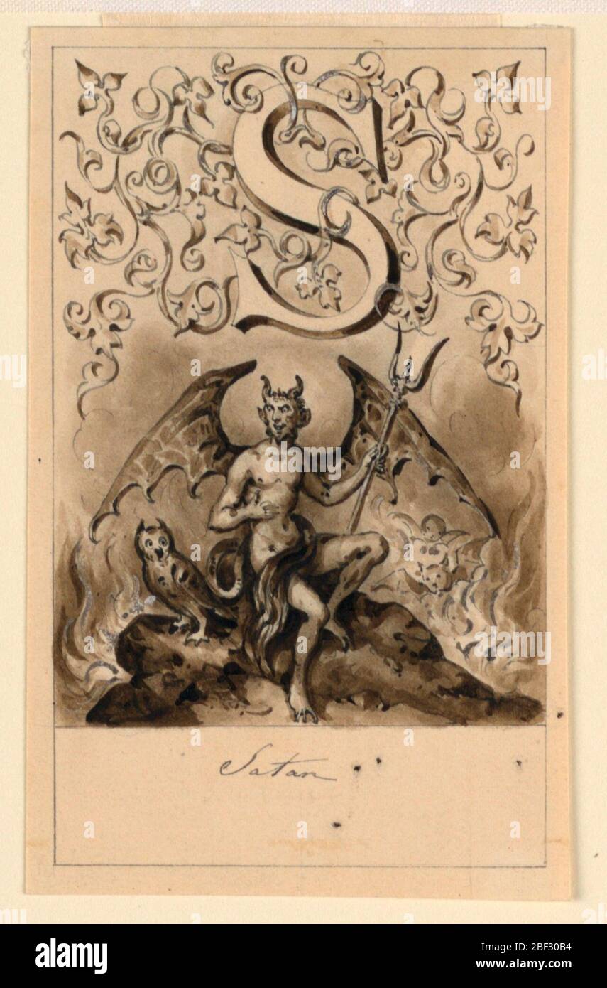 Design for the letter S of a primer Satan. Letter above, flanked by ...