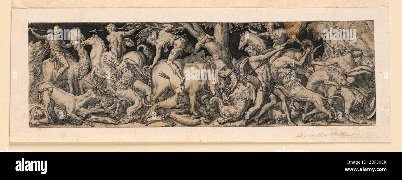 Wild Animal Hunt frieze. Frieze showing combats between men and lions ...