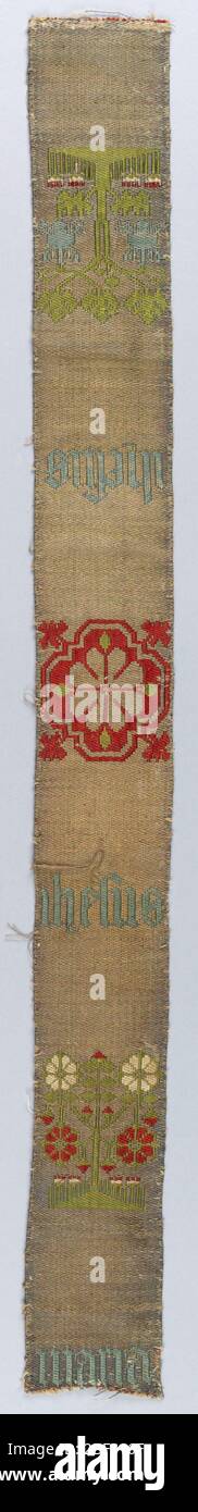 Orphrey band fragment. Rosetees and the word "Ihesus" on a gold ...