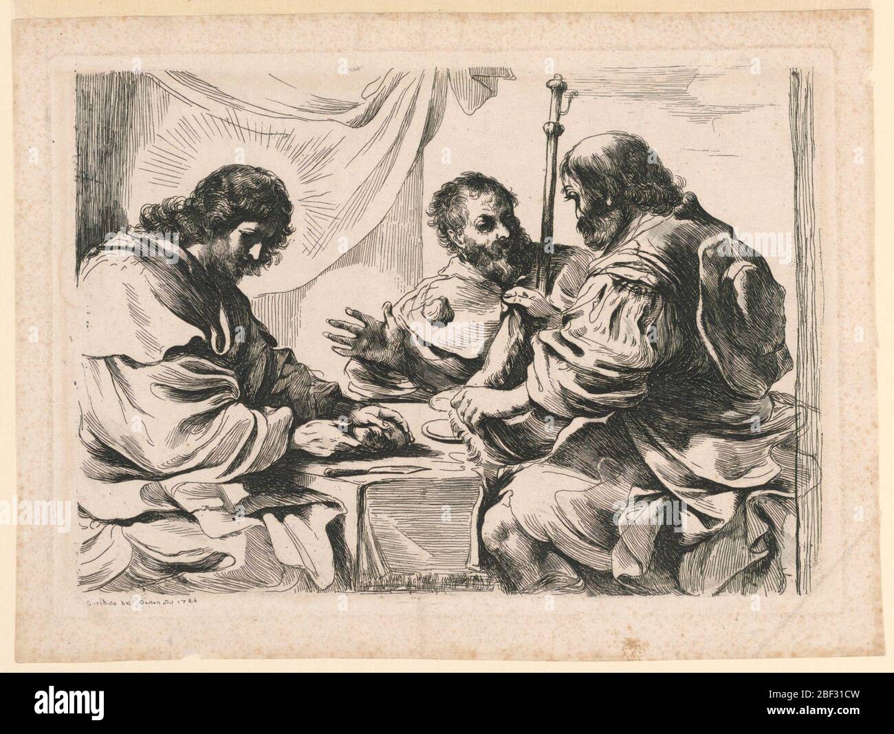 The Supper at Emmaus. Christ, seated at the left, breaks bread with two ...
